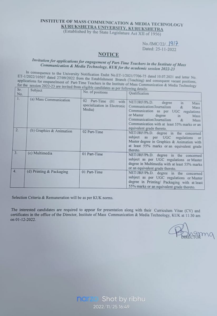 Institute of Mass Communication and Media Technology, Kurukshetra Wanted Part Time Teachers ...